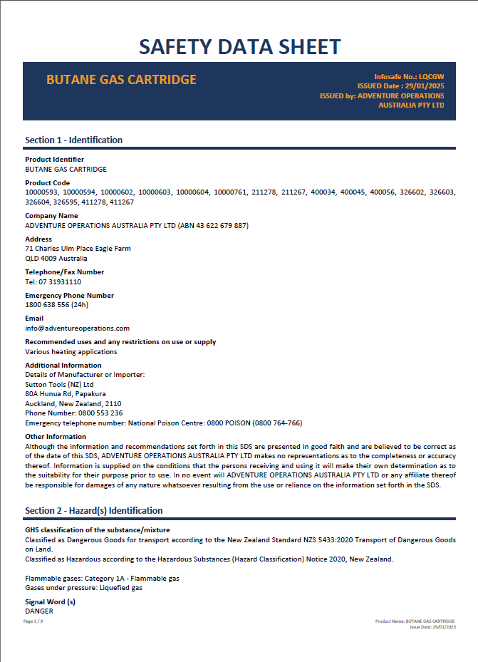 Material Safety Data Sheets - Sutton Tools New Zealand